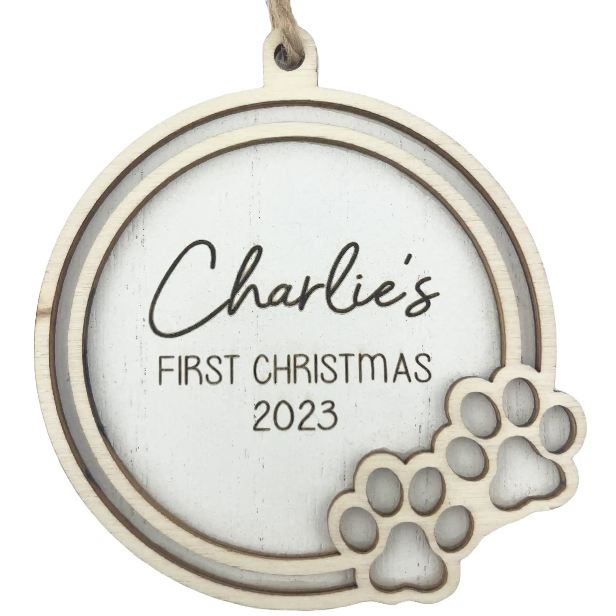 Personalized Pet’s First Christmas Ornament - Rustic Paw Print Design ...